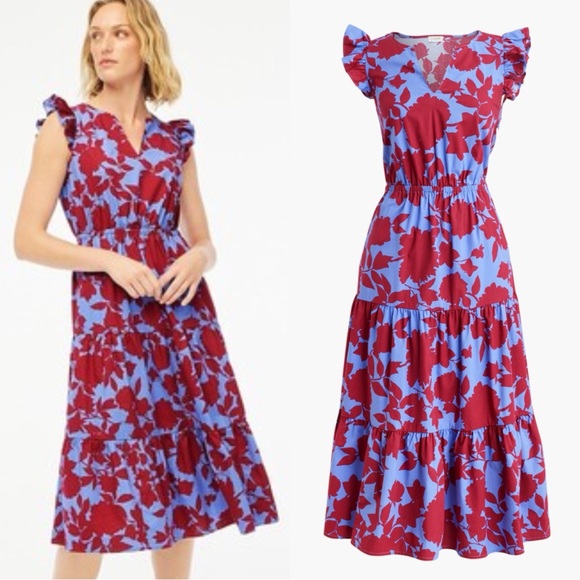 J. Crew | Dresses | Jcrew Floral Ruffle Sleeveless Tiered Poplin Midi ...